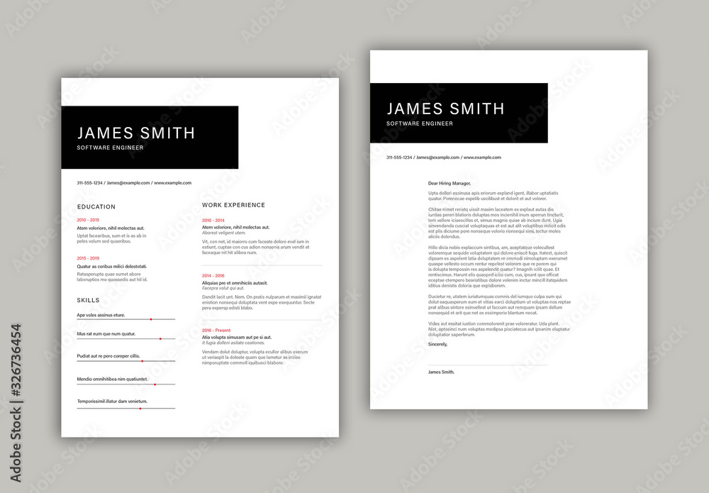 Resume Layout Set with Black Header and Red Accents Stock Template ...