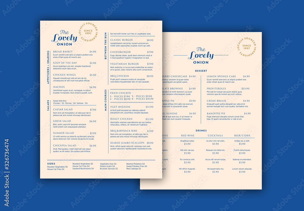 Tan and Blue Menu Layout Stock Template | Adobe Stock