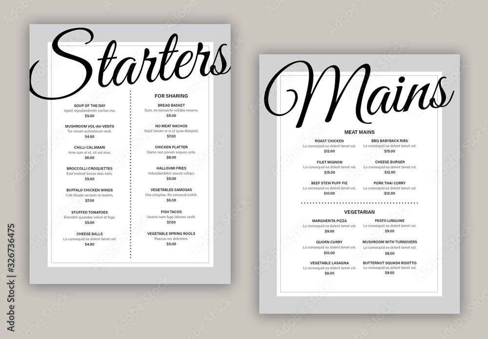 Menu Layout with Bold Header Text and Gray Border Stock Template ...