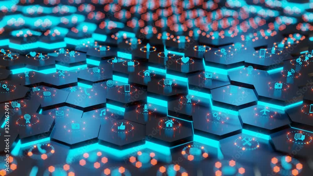 Abstract of futuristic black surface honeycom hexagon pattern with blue ...