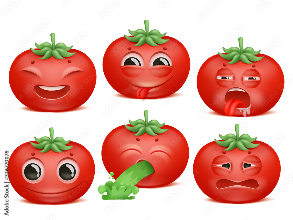 Tomato emoji cartoon character set. Various emotions. Joy, disgust ...