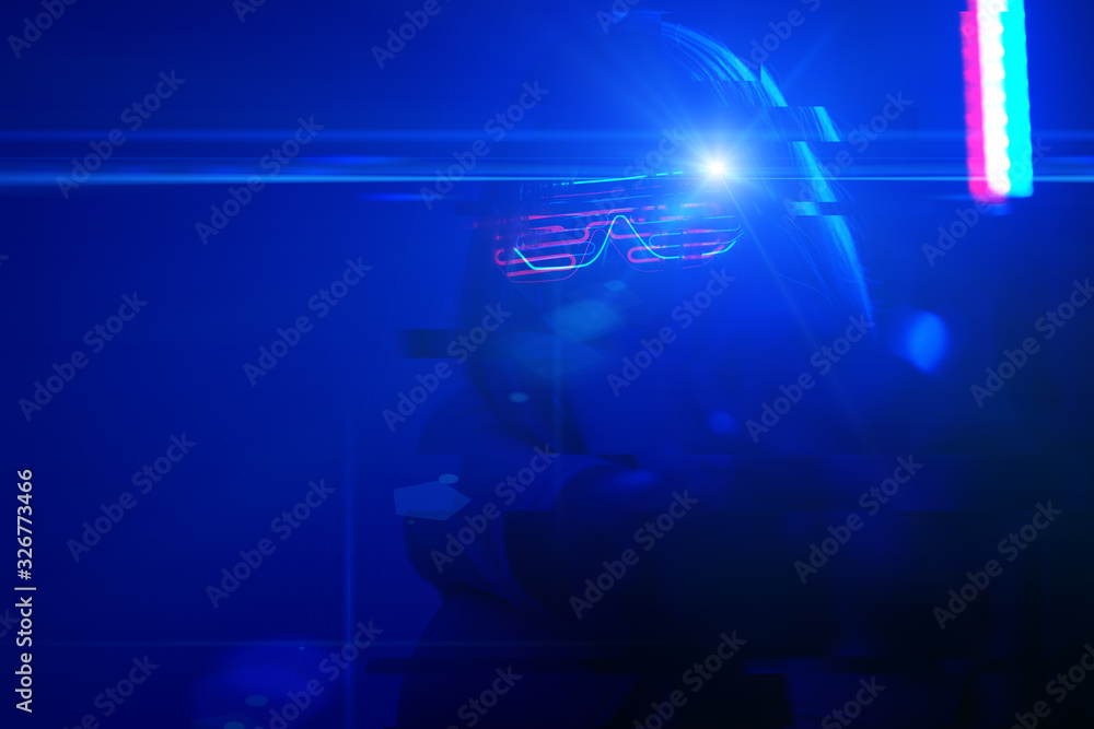 Girl with blaster in the futuristic battle. Concept virtual reality ...