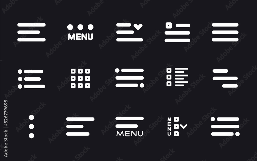 Menu UI Design Elements icons. Set of hamburger Menu buttons. Website ... Menu UI Design Elements icons. Set of hamburger Menu buttons. Website ...