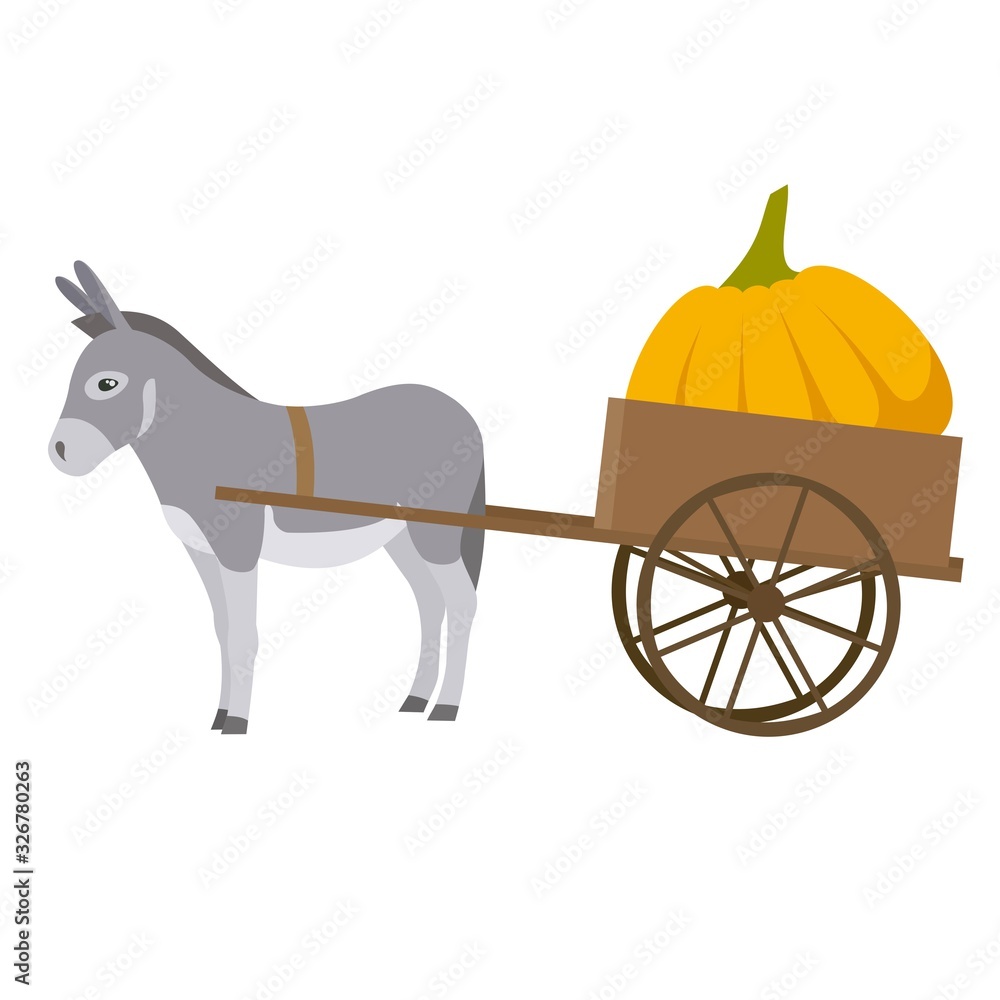 Donkey with small cart. Cartoon donkey with pumpkin. Vector ...
