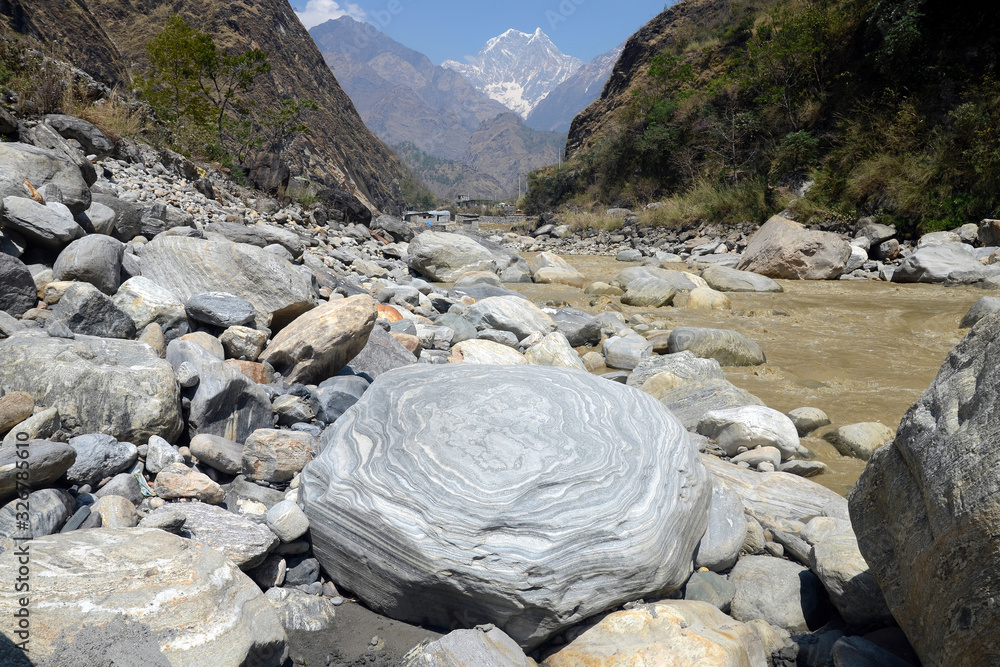 Nature of Nepal. Kali Gandaki river gorge and Nilgiri South Peak (6 839 ...