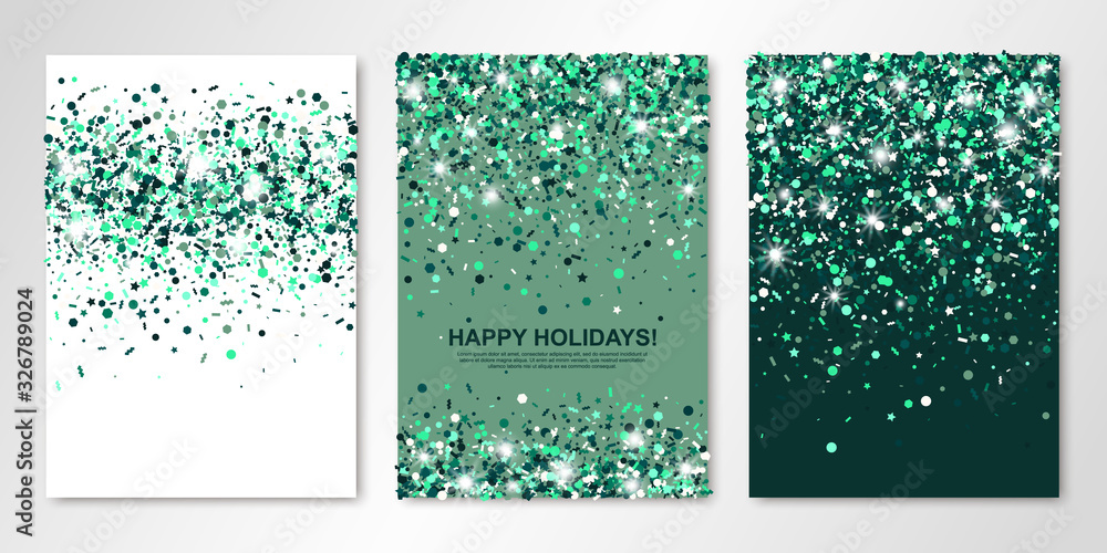 Banners set of three sheets with shimmer emerald confetti. Vector flyer ...