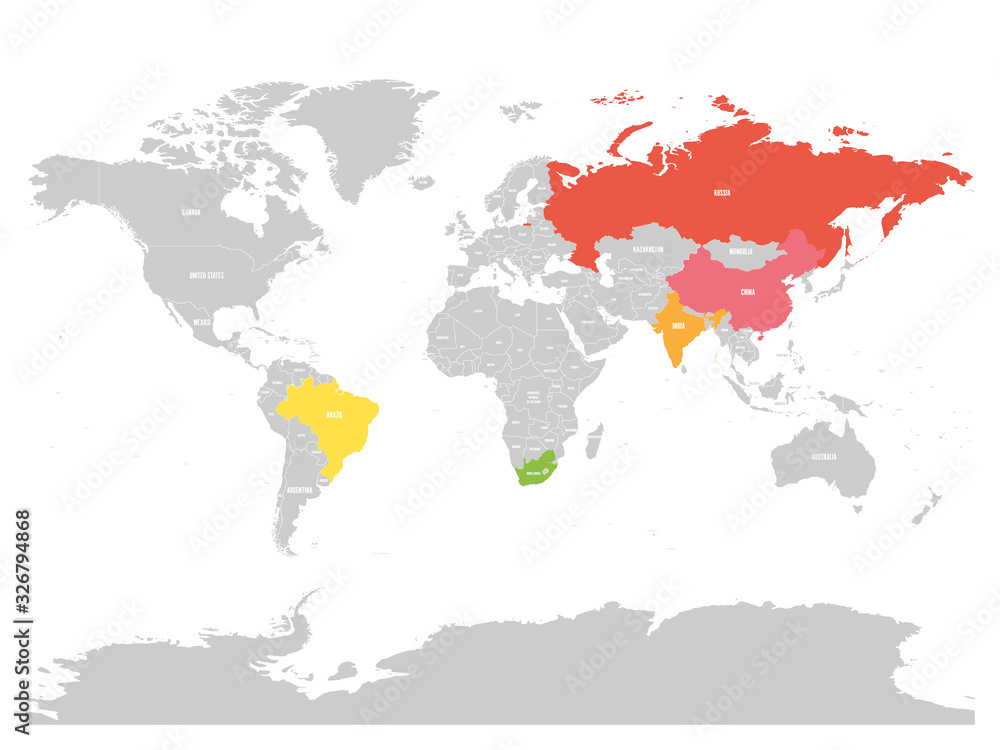 World map with highlighted member countries of BRICS - association of ...