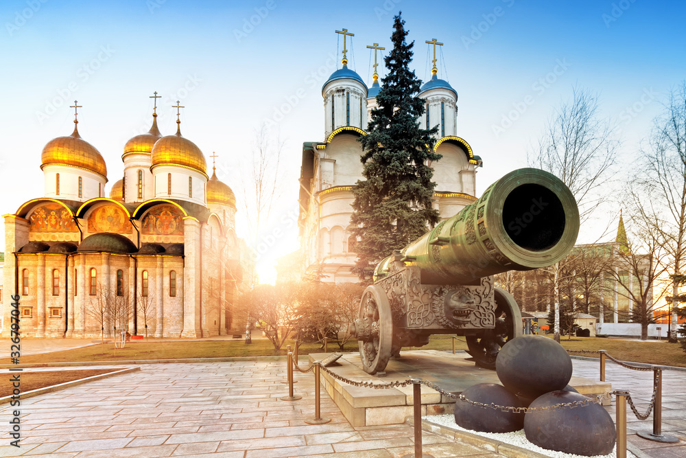 spring kremlin in moscow city russia landmark with tsar cannon monument ...