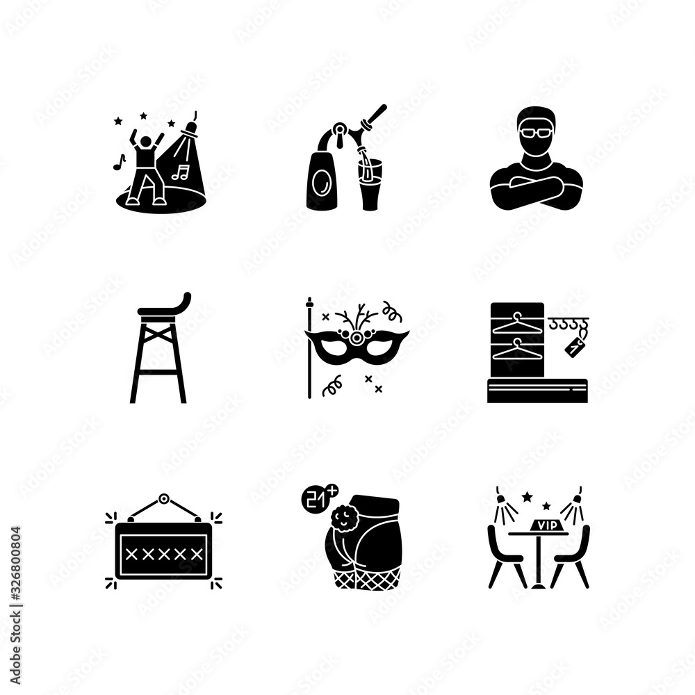 Night club leisure black glyph icons set on white space. Nightclub ...