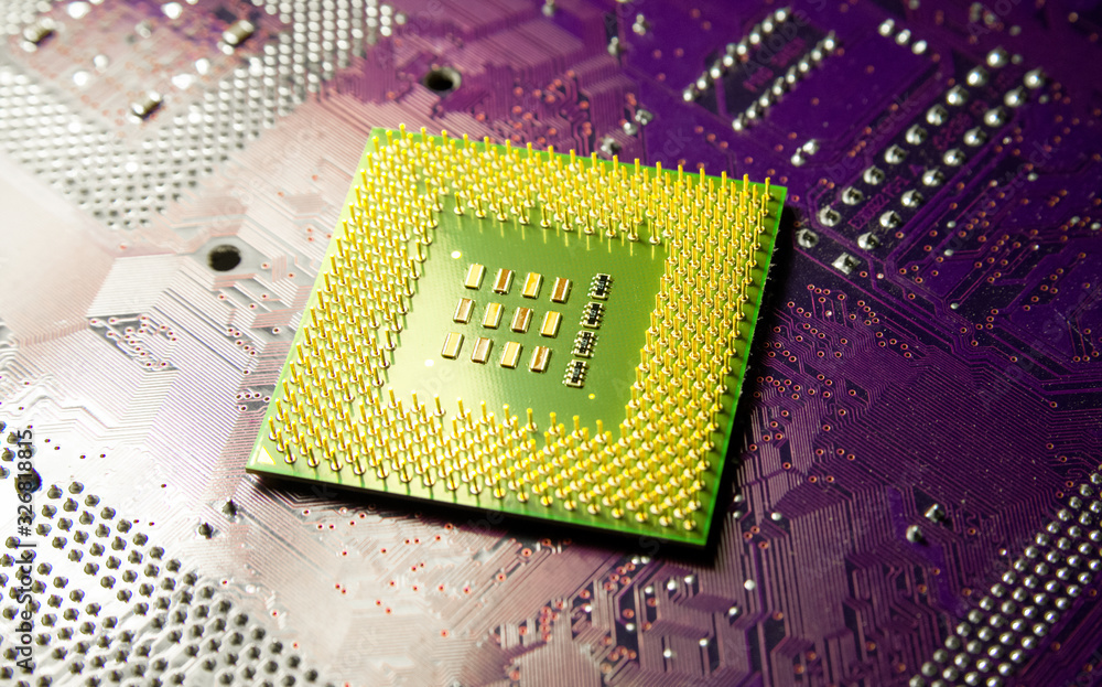Microprocessor with gold pins on the purple PC motherboard. Computer ...