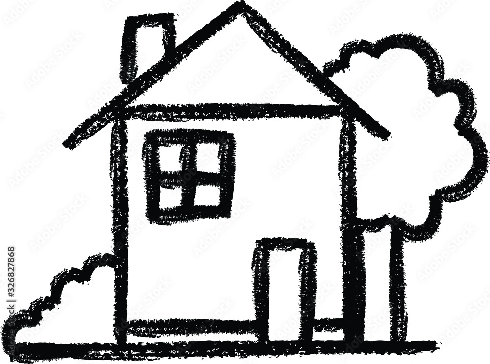 hand drawn house with a tree crayon drawing vector illustration Stock ...