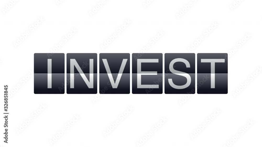 Invest word animation in split-flap or solari display board. On white ...