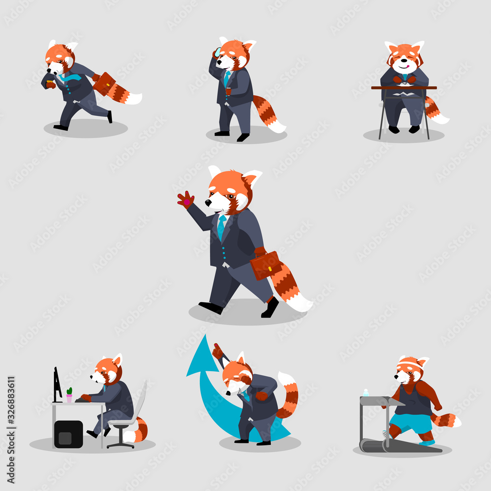 Businessman red panda in different situations, humanized animal cartoon ...