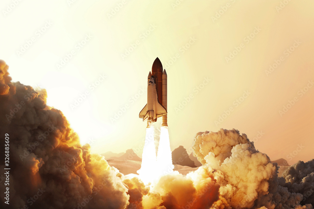 Rocket liftoff. Space shuttle take off on red planer Mars. Rocket ...
