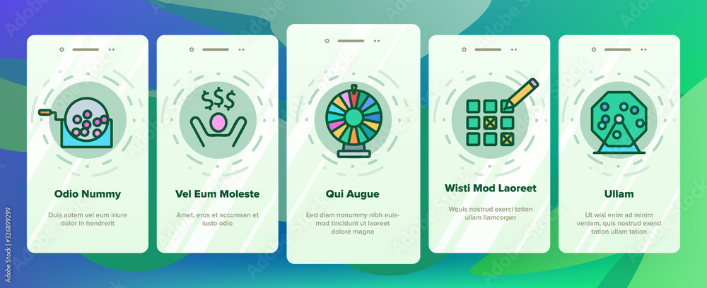 Raffle Gamble Lottery Onboarding Icons Set Vector. Raffle Ticket And ...