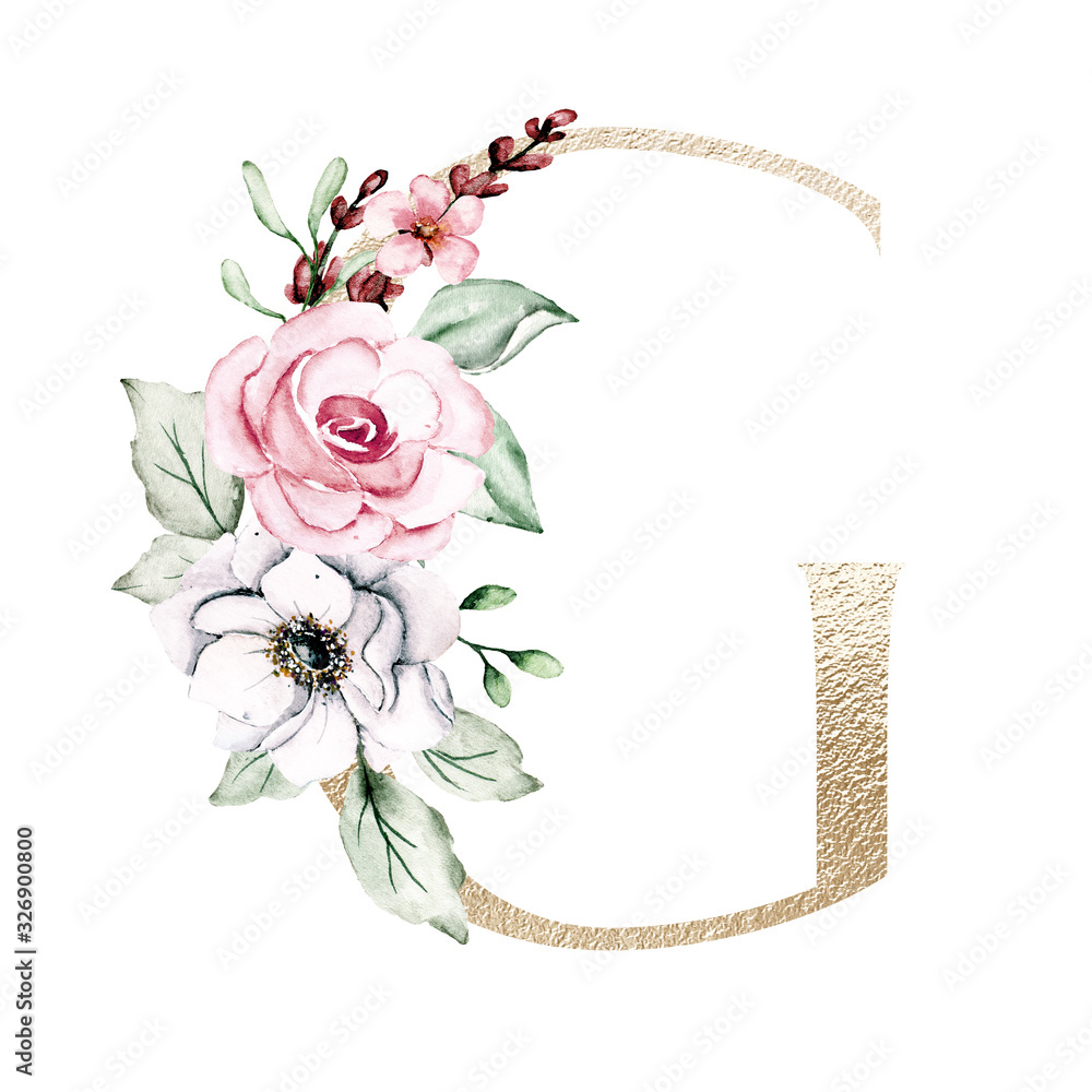 Gold letter g with watercolor flowers and leaves. Floral alphabet ...