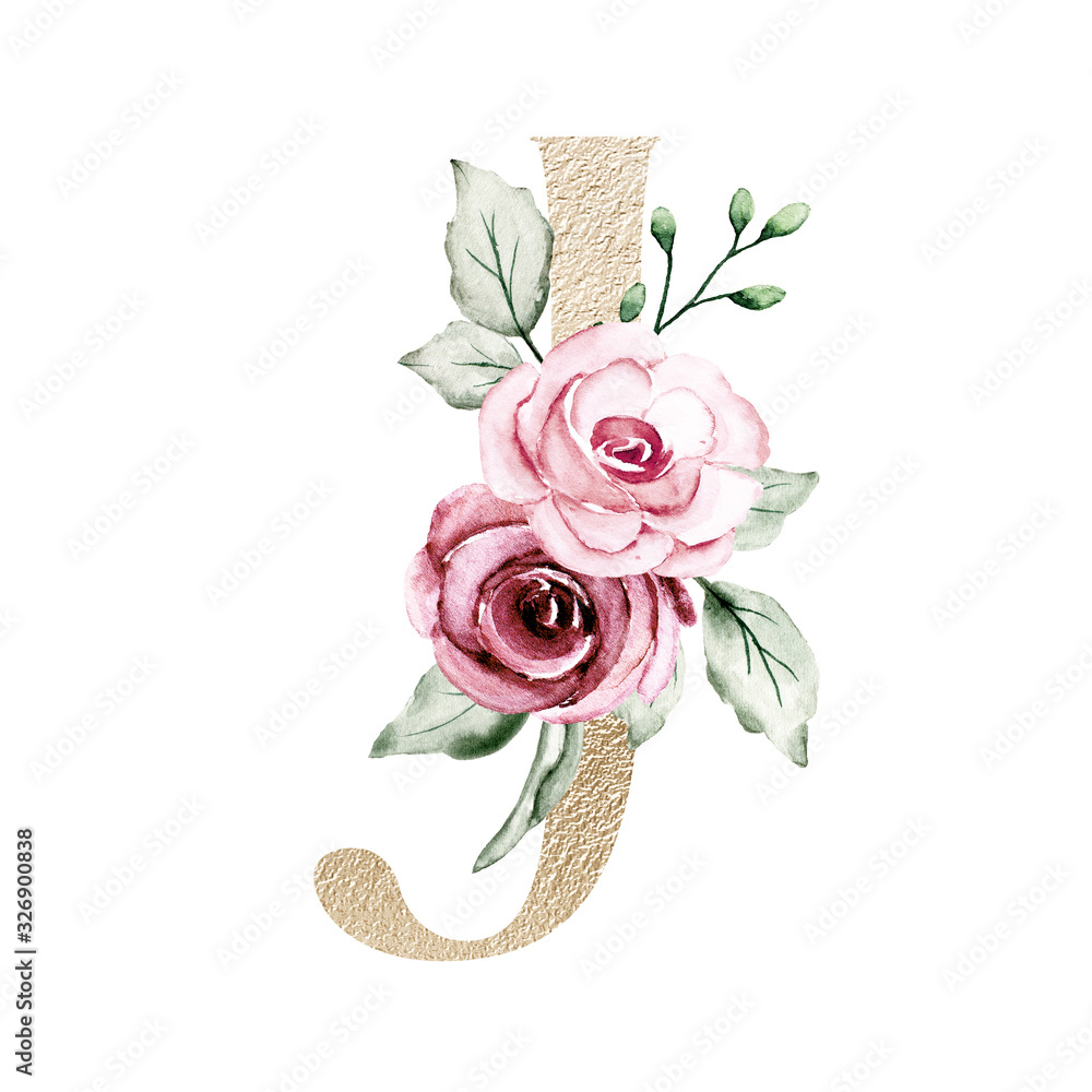 Gold letter j with watercolor flowers and leaves. Floral alphabet ...