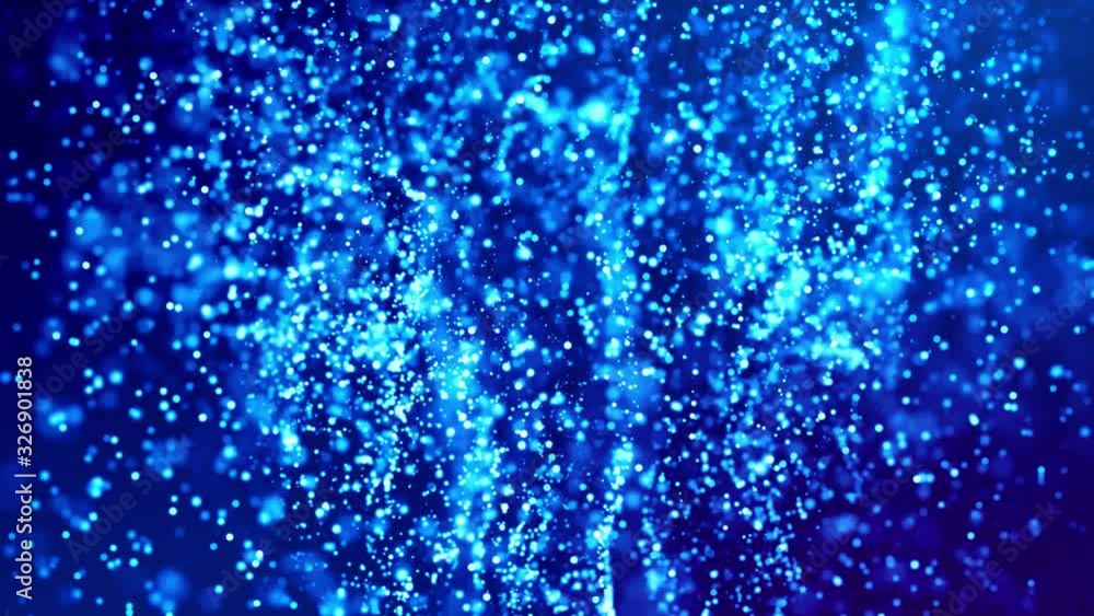Magic blue glowing particles flow in viscous liquid and bright glisten ...