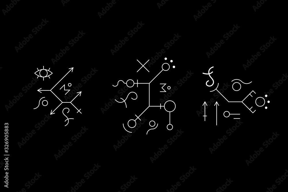 Mysterious geometry symbol set. Ancient secret inscriptions and letters ...