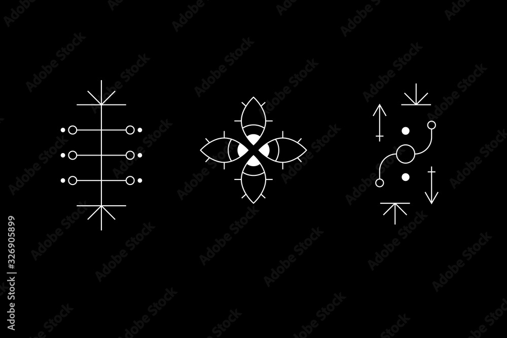 Occult geometry symbol set. Ancient secret inscriptions, rune or glyph ...