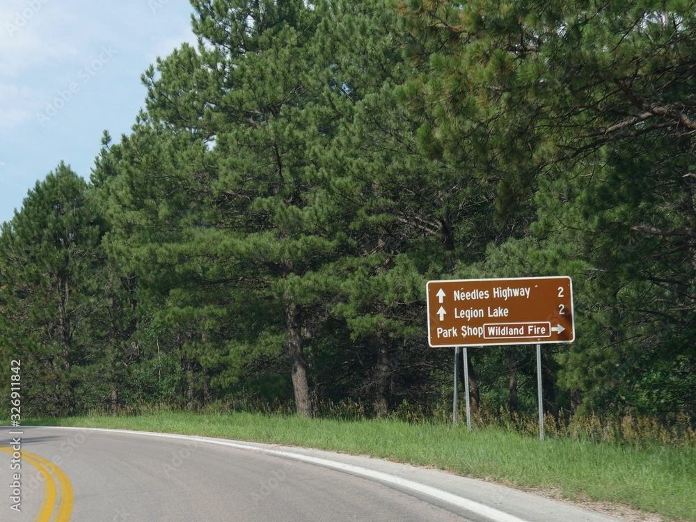 Roadside sign with distance and directions to Needles Highway, Legion ...