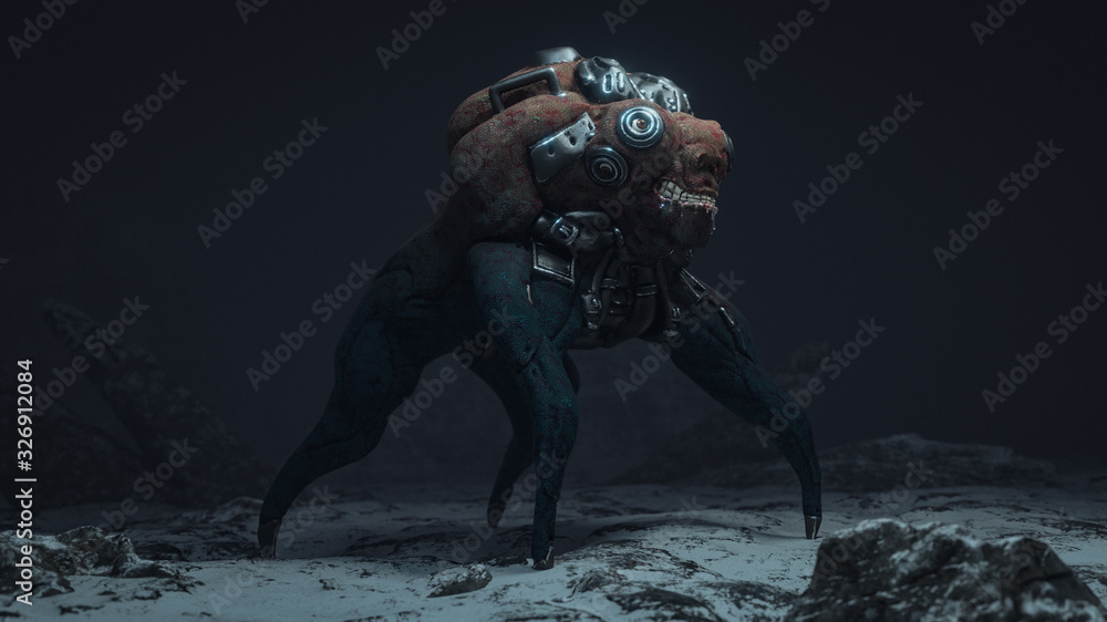 3d illustration of a cyberpunk scary monster spider standing on snowy ...