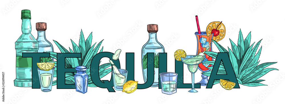 Vector banner “Tequila”. Composition with letters and tequila bottles ...