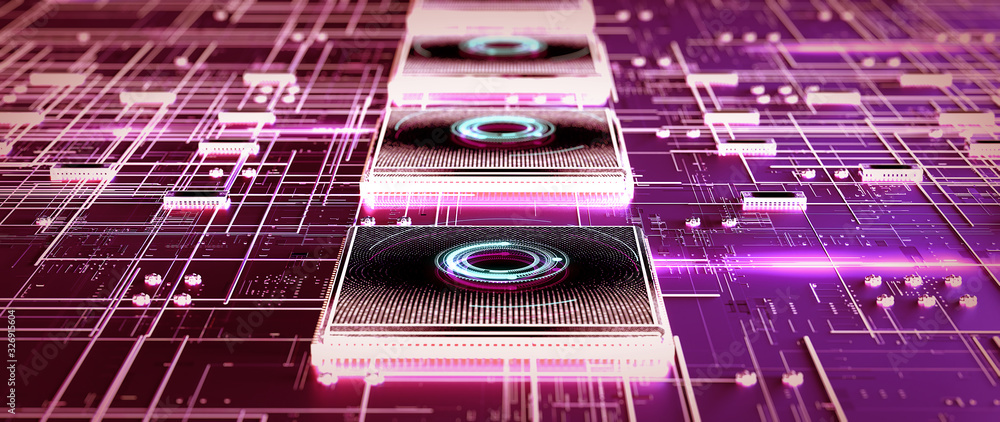 Printed circuit board futuristic server/Code processing in circuit board abstract server. Data ...