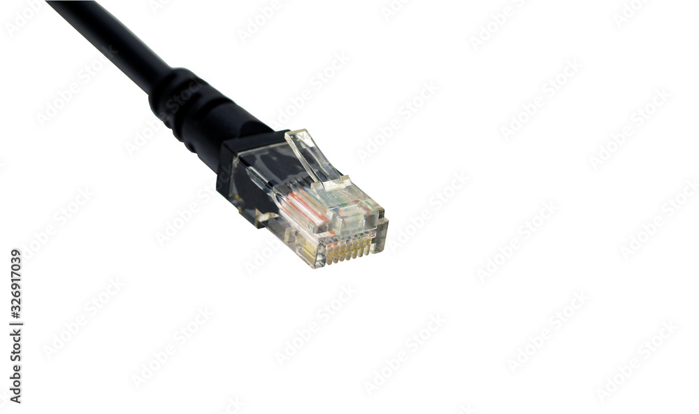 Closeup head UTP Cat6 cable black cladding color isolated on white with ...