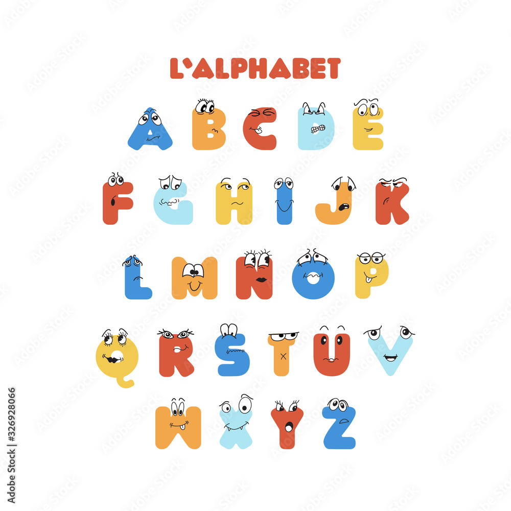 French colorful latin alphabet for kids education with cute hand drawn ...