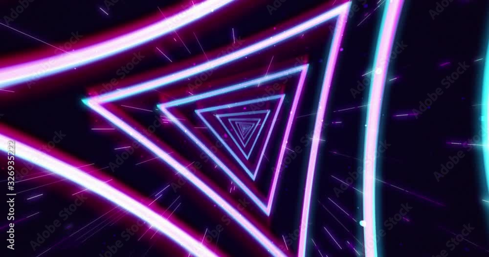Flying through tunnel of colorful neon glowing triangles with rgb split ...