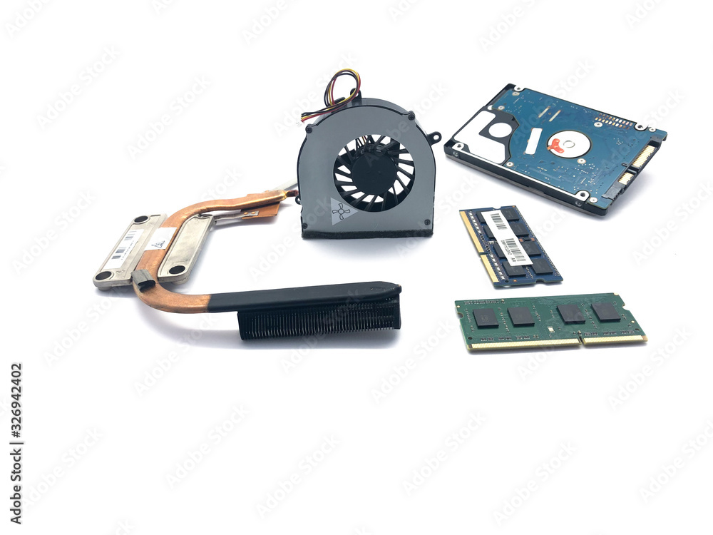 Fan, cooling system, hard drive and RAM for laptop isolated on a white ...