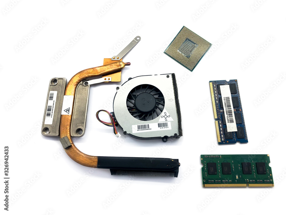 Fan, cooling system, processor and RAM for a laptop isolated on a white ...