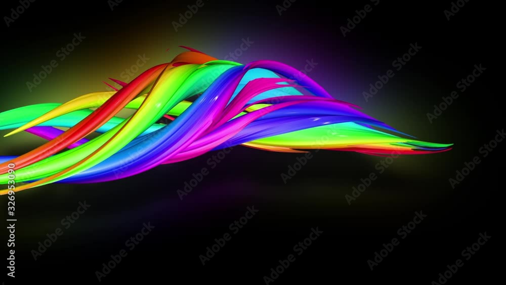 Stream of colored ribbons fly past camera. Flow of twisted rainbow ...