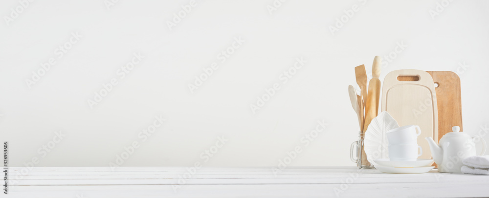 kitchen wide banner concept. Kitchen background for mockup with spoon ...