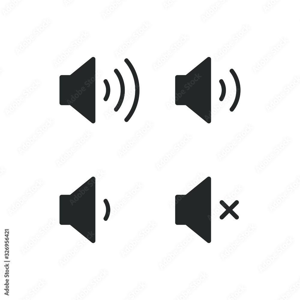 Speaker audio icon set. Volume voice control on off mute symbol. Flat ...