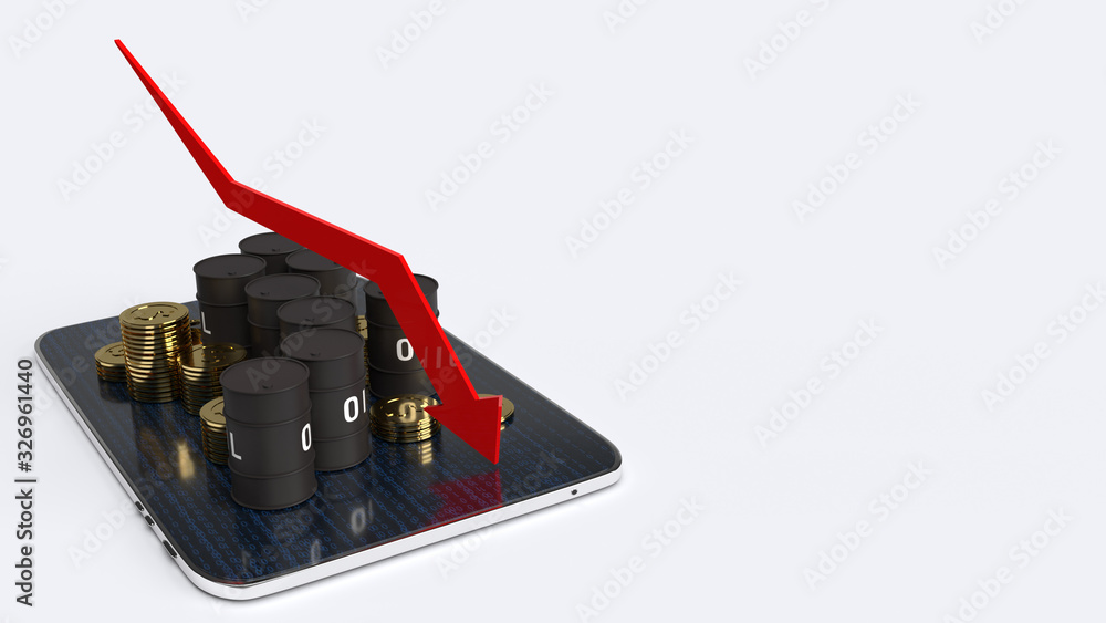 red Arrow pointing down and oil tanks 3d rendering image for Petroleum ...