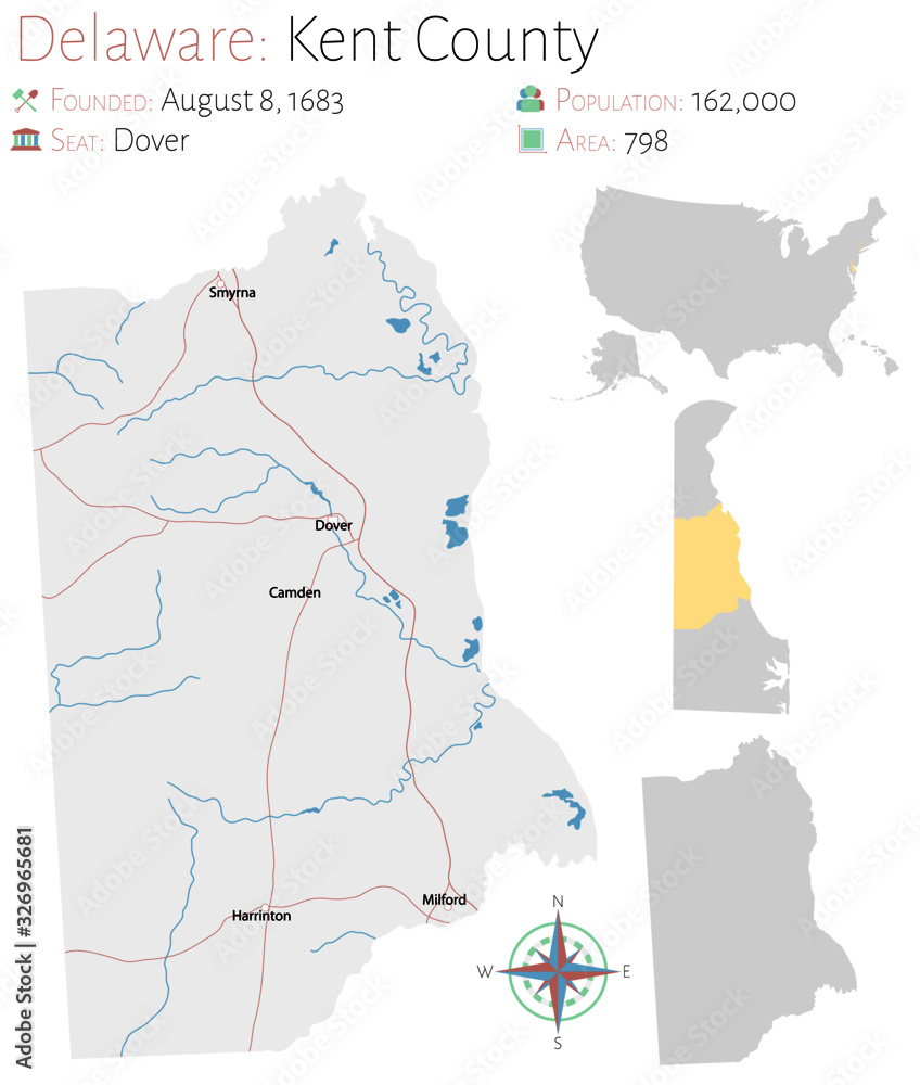 Large and detailed map of Kent county in Delaware, USA. Stock Vector ...
