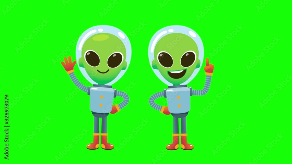 Alien cartoon characters waving hand and pointing up looping animation ...