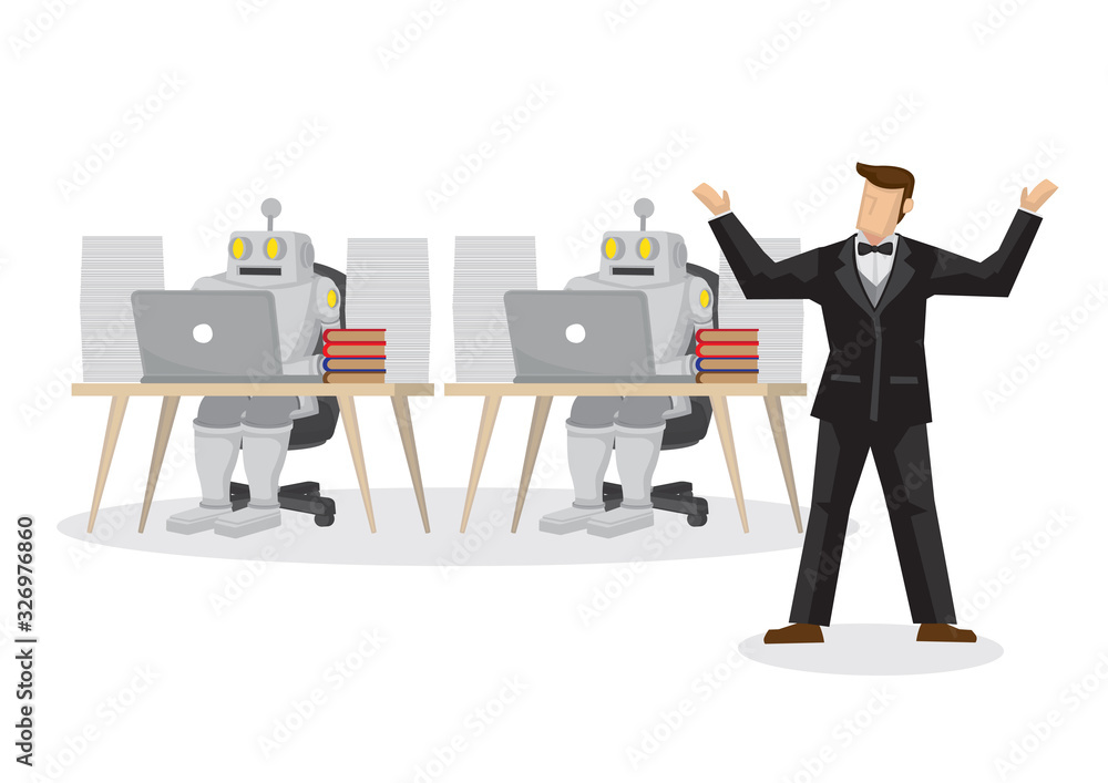 Boss replacing human workers with robots for productivity. Depicts the ... Boss replacing human workers with robots for productivity. Depicts the ...