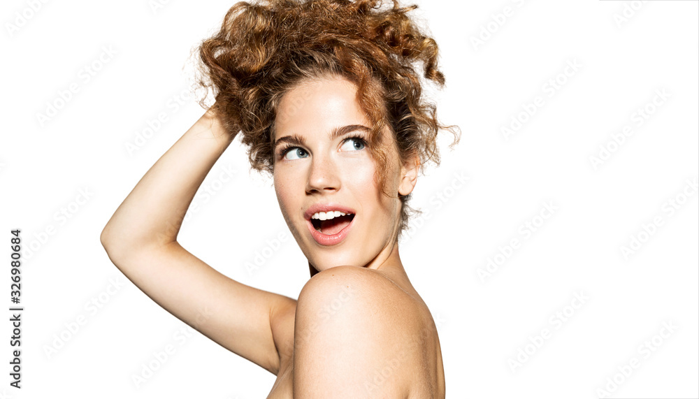 Portrait of pretty astonishing woman with open-mouthed. Cute model with ...