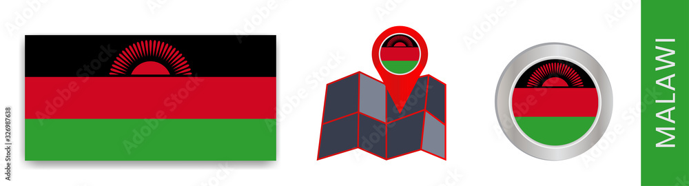 Collection of Malawi national flags isolated in official colors and map ...