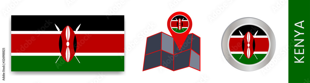 Kenya's national flag collection isolated in official colors and map ...