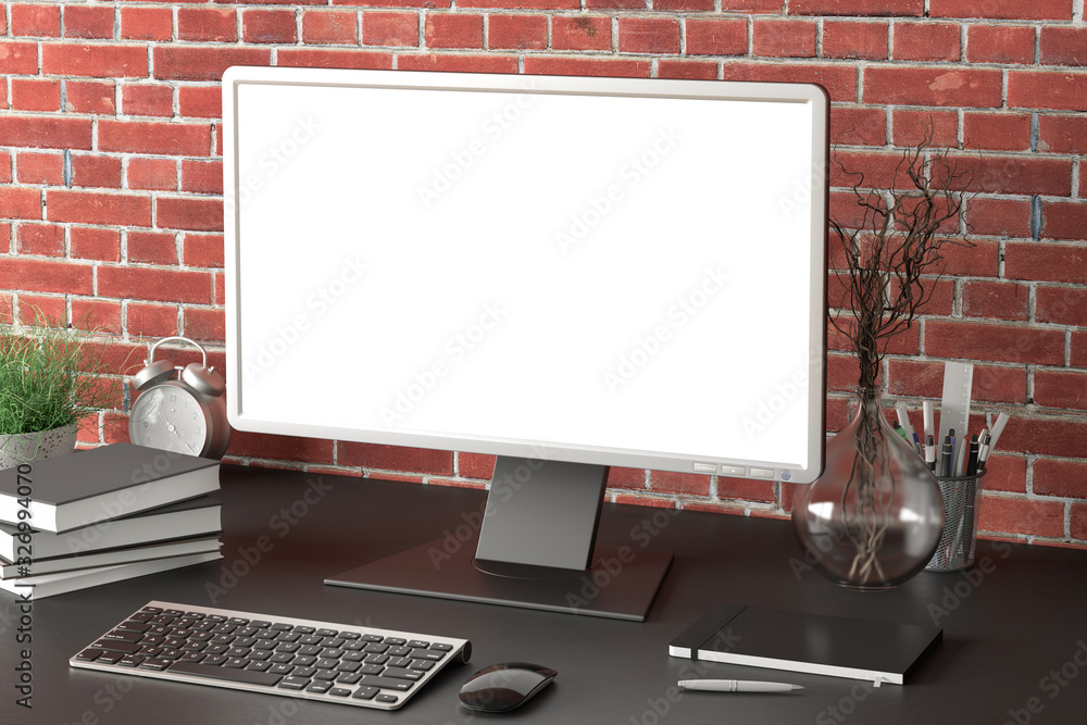 Workspace with blank computer monitor white screen mock up on the dark ...
