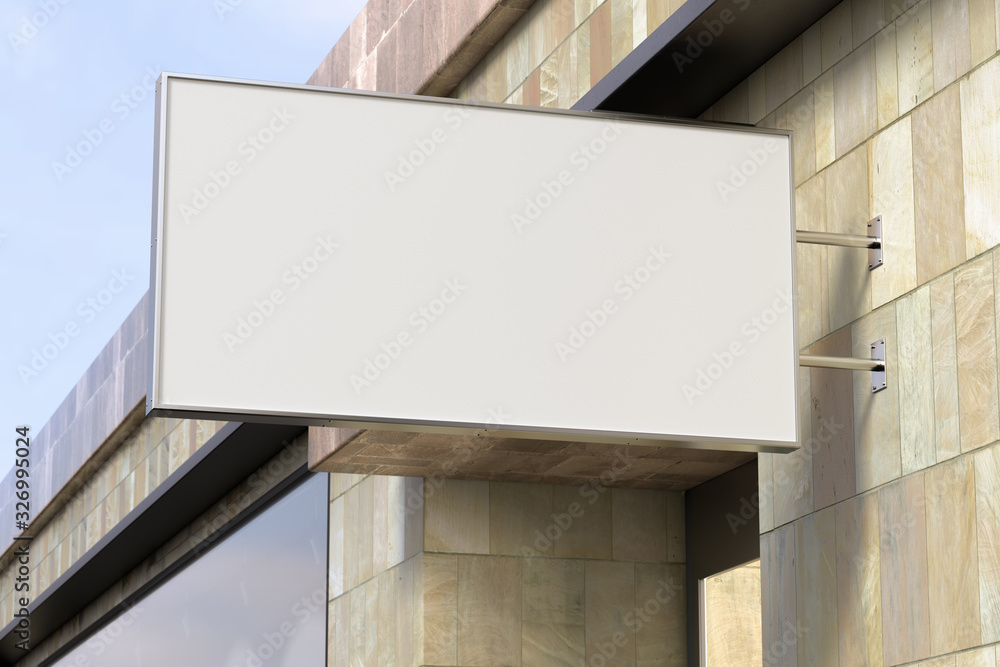 Horizontal singboard or signage on the marble wall with blank white ...