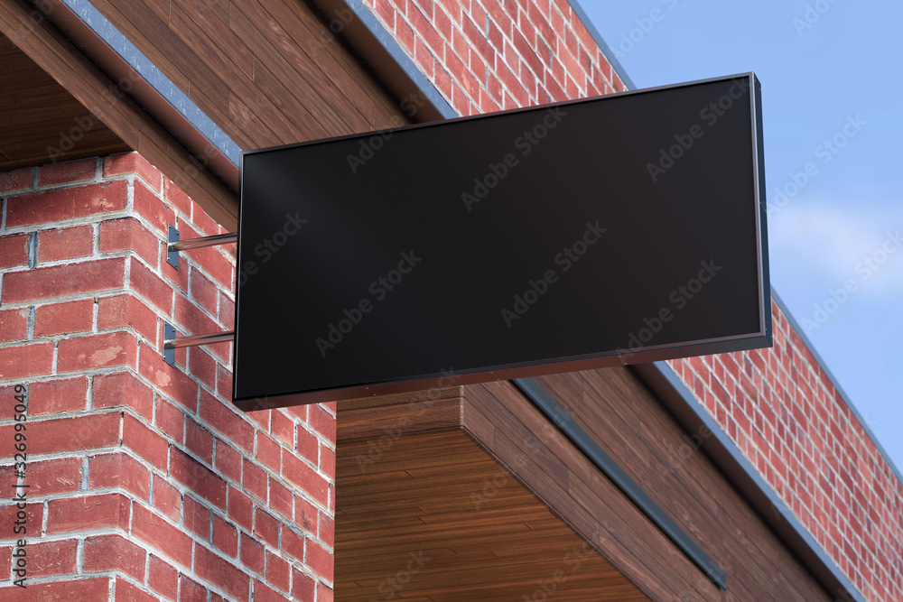 Horizontal singboard or signage on the red brick wall with blank black ...