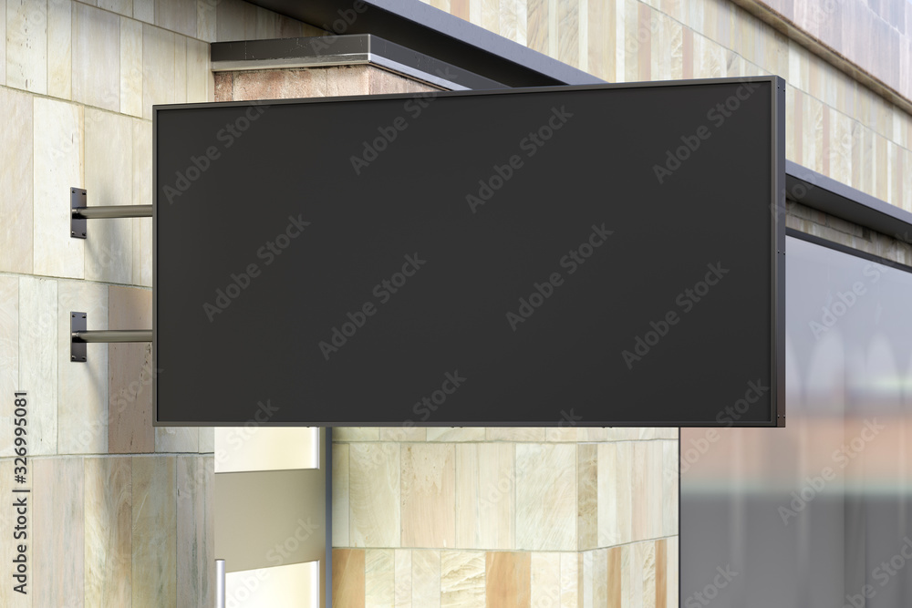 Horizontal singboard or signage on the marble wall with blank black ...