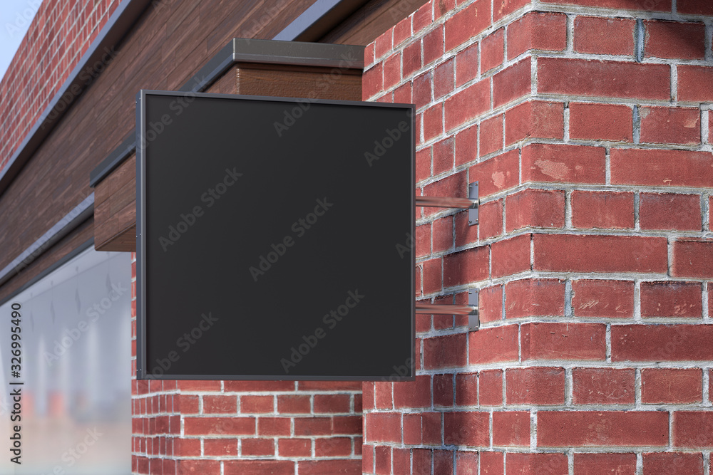 Square singboard or signage on the red brick wall with blank black sign ...
