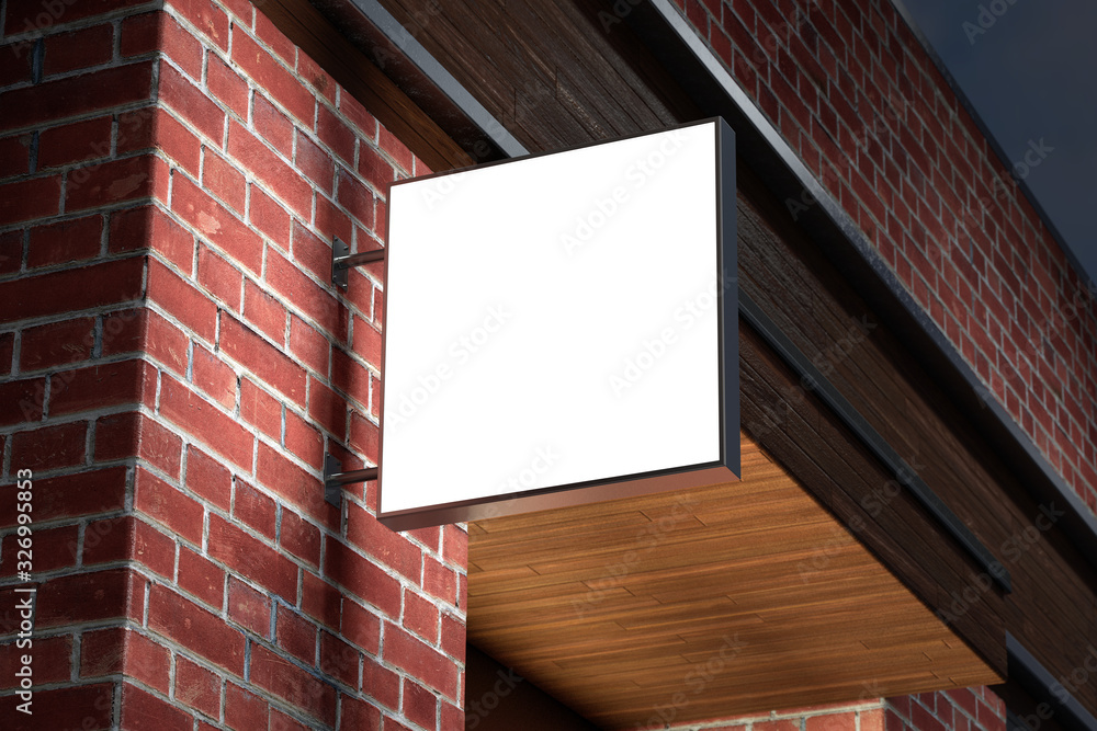 Square singboard or signage on the red brick wall with blank white sign ...