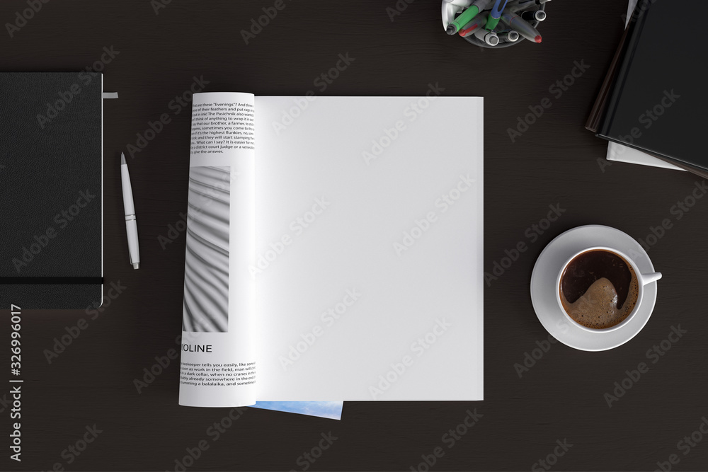 Blank magazine page. Workspace with magazine mock up on the dark wooden ...
